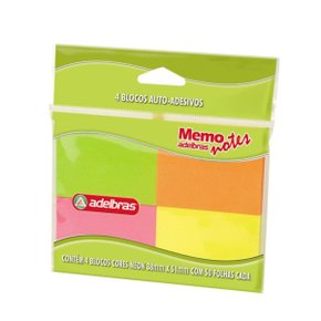 Nota Autoadesiva Memonote Neon 38X51mm 4 Blocos C/ 50 Fls. - Adelbras